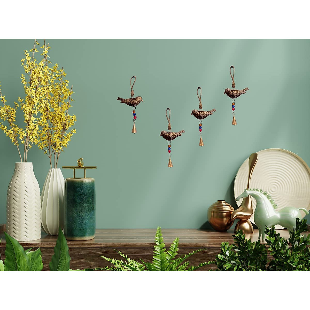 Mie Creations Sparrow Décor, Metal Birds Carved Wings, Feather (Set of 4) | Wildlife Wall Art Hanging, Garden Miniature Ornaments for Crafts, Home | Rustic Gold Bird Figurines with Jingle Bells-4.5''