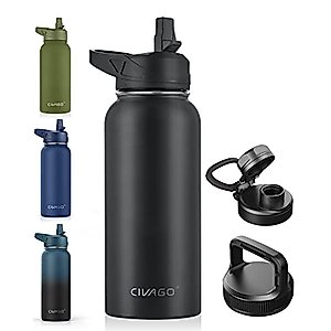 CIVAGO 32 oz Insulated Water Bottle With Straw, Stainless Steel Sports Water Cup Flask with 3 Lids (Straw, Spout and Handle Lid), Wide Mouth Travel Thermo Mug, Midnight Black