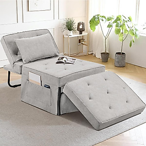 Sleeper Ottoman Bed Chair, 4 in 1 Folding Ottoman Chair Bed with Adjustable Backrest & Pillow, Multi-Function Futon Couch No Assembly for Small Space Living Room Apartment Office, 28"Width Light Grey