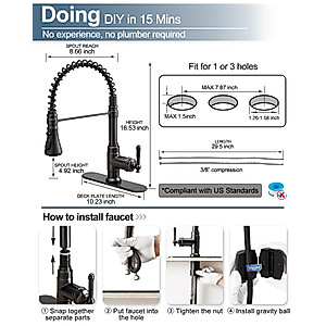 HOIGY Oil Rubbed Bronze Kitchen Faucet 3 Hole or 1 Hole, 3-Function Pull-Down Sprayer Kitchen Faucets, Sink Faucet Kitchen, Single Handle Spring Kitchen Sink Faucet with Deck Plate for Farmhouse
