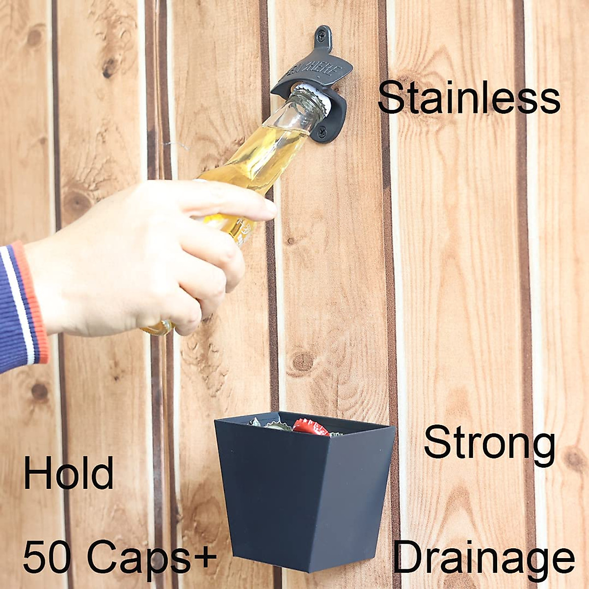 HAIICEN Black Bottle Cap Opener Wall Mounted Beer Opener with Cap Catcher Stainless Drained Outdoor (Pack of 2)