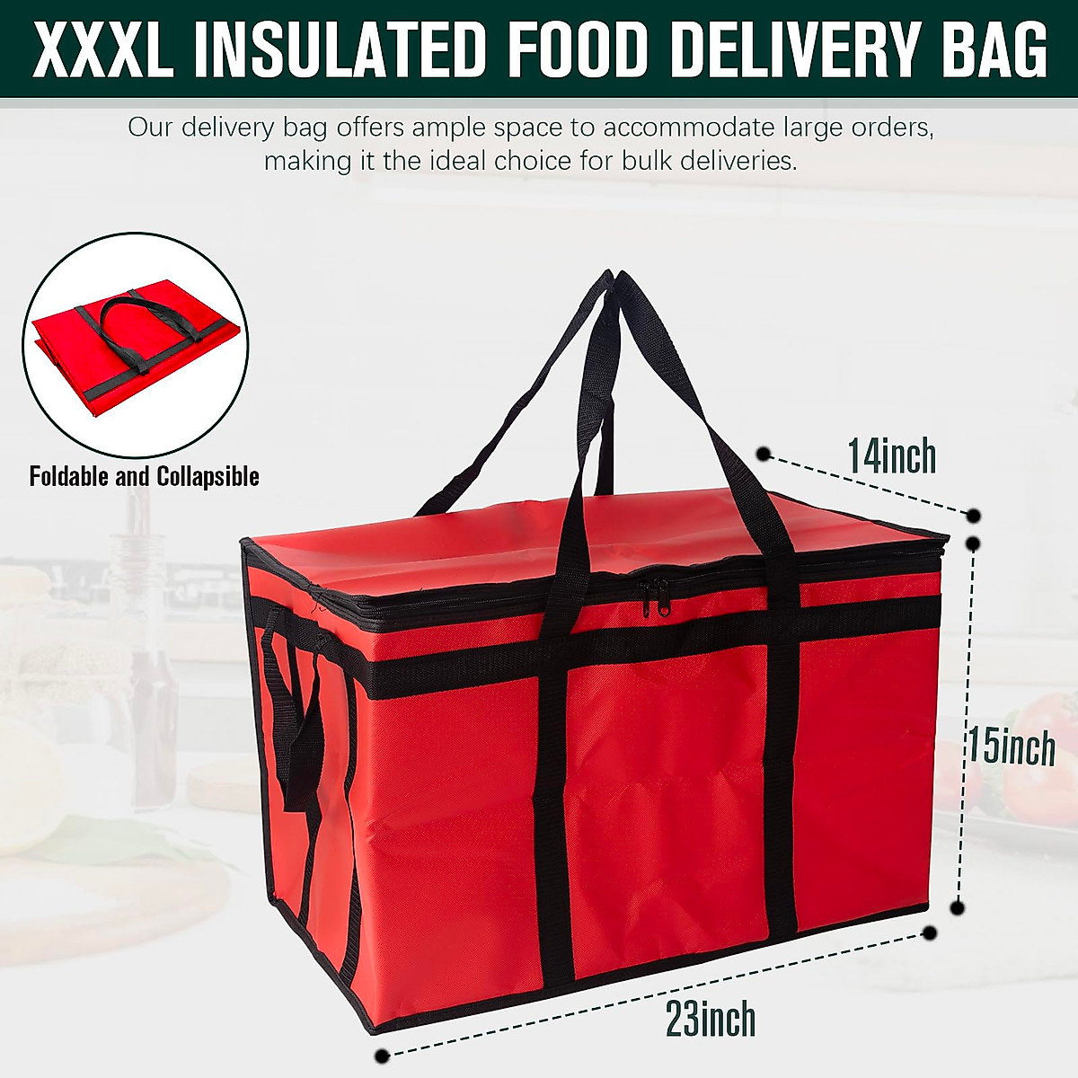 IVONNEY Insulated Food Delivery Bag, XXXL Food Warmer Bag, Commercial Catering Bag, Cooling Bag, Meal Delivery Bags, Thermal Bags for Hot Food - Insulated Reusable Grocery Bags (4 Pack, Red)