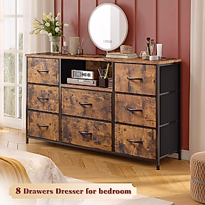 Dresser for Bedroom with Power Outlets, 55" TV Stand Dresser with 8 Drawers, Fabric Dressers & Chest of Drawers for Living Room, Entryway, Rustic Brown