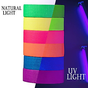 JSITON 6 Colors Neon Gaffer Cloth Tape,Adhesive Black Light Tape Sets,Fluorescent UV Blacklight Glow in The Dark Tape for UV Party (0.6 inch x 16.5 feet x 6 Rolls)