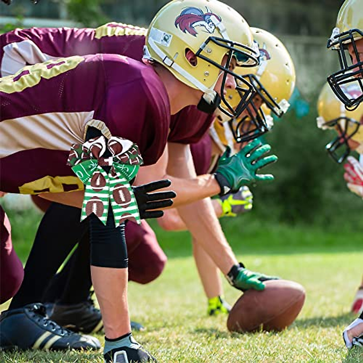 Kuscul 5 Rolls Football Wired Edge Ribbon 2.5 Inches x 25 Yard Rugby Ball Ribbon Sport Stitching Satin Wired Ribbon for Sport Team Party Decor Gift Wrapping Decor Hair Bow Sewing Wreath Crafts