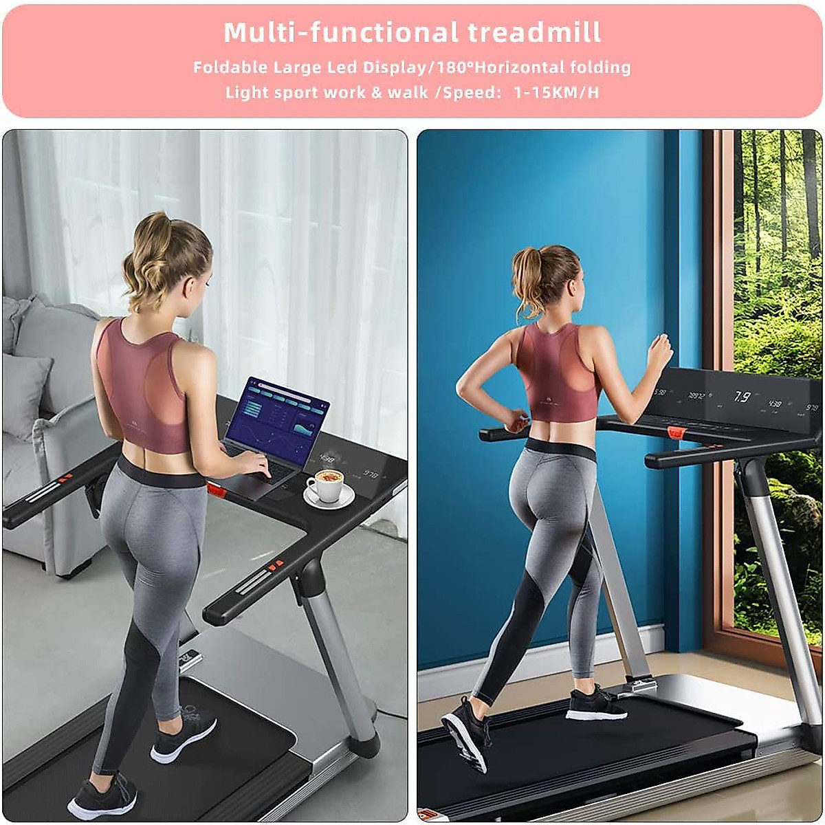 RHYTHM FUN Treadmill Folding Treadmill Desk Treadmill 4.0HP Electric Motorized Treadmill Super Shock-Absorbing Slim Quiet Foldable Treadmill with Large Display/Workout APP for Home Office Gym