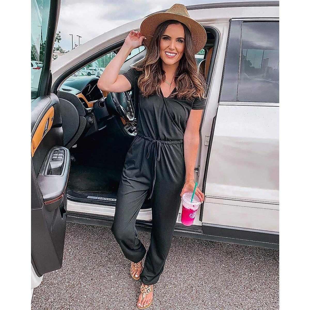 PRETTYGARDEN Women's Summer Casual Deep V Neck Short Sleeve Wrap Drawstring Waist Jumpsuit Romper (Black,Small)