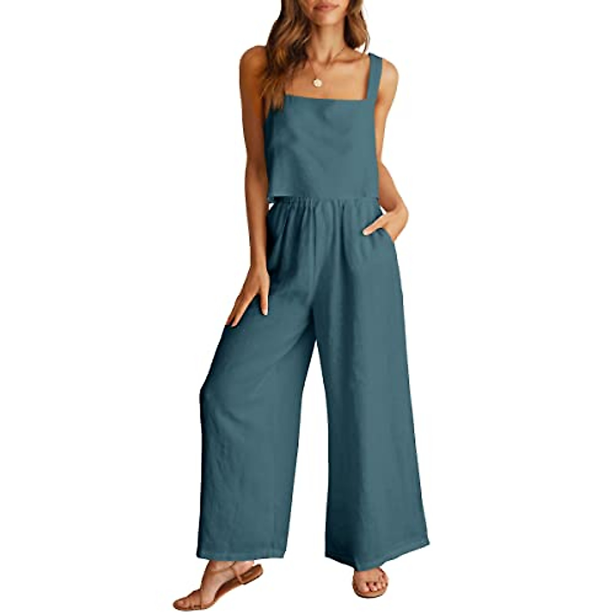 ANRABESS Women's Two Piece Outfits Summer Vacation Cruise Resort Wear 2023 Clothes Casual Linen Tank Crop Top Wide Leg Pants Matching Lounge Set Jumpsuit 732qinglan-L