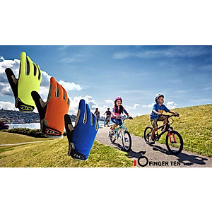 Cycling Gloves Kids Boys Girls Youth Full Finger Pair Bike Riding, Children Toddler Touch Screen Mountain Road Bicycle Warm Cold Weather Gel Padded, Color Blue Orange Age 2-11 (Blue, Small)
