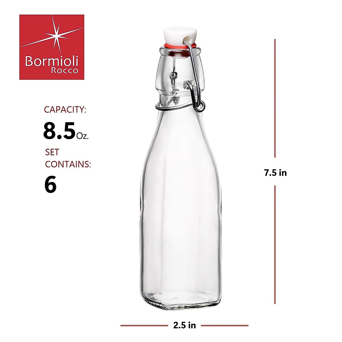 Bormioli Rocco Set Of 6 Square Swing Top Glass 8.5 Oz. Bottles With Airtight Hermetic Lid, Bottles Kombucha, Beer, And Limoncello, Dishwasher Safe, Made In Italy.