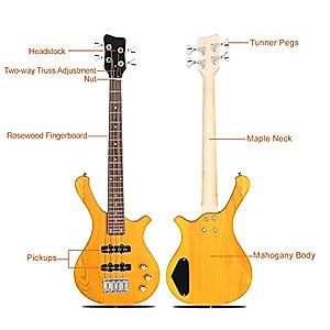 Ktaxon 4 String Electric Bass Guitar, 36-inch Bass Guitar Kit with Split single-coil Pickup, Rosewood Fretboard, Mahogany Body for Kids, Boy and Girl(Yellow)