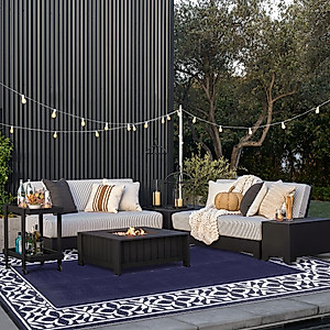 PureCozy Outdoor Plastic Straw Rug Navy Blue Waterproof Indoor Outdoor Patio Rug 5x8 Carpet Geometric Reversible Mat Modern Washable Large Outside Area Rug for Camping RV Porch Deck Balcony Beach