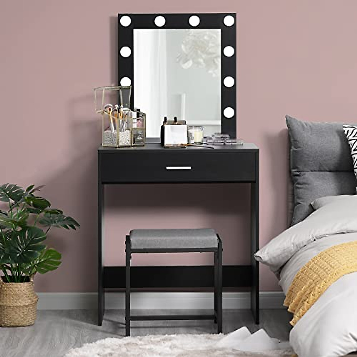 Reettic Makeup Vanity Table with Lighted Mirror, Vanity Desk with Drawers, Bedroom Dressing Table,9 LED Blubs & Adjustable Brightness, for Women, Mother, Girls, Black RSZT102B