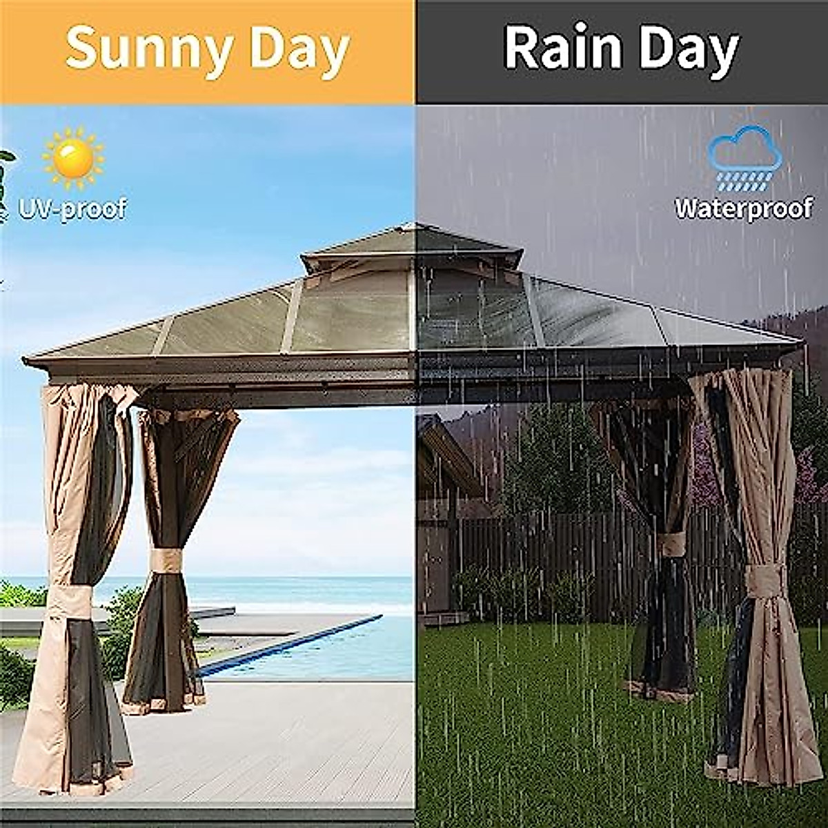 Goohome 12'x12' Hardtop Gazebo, Permanent Outdoor Gazebo with Polycarbonate Double Roof, Aluminum Gazebo Pavilion with Curtain and Net, Hard Top Waterproof Pergola Shade and Rain for Lawn, Poolsides