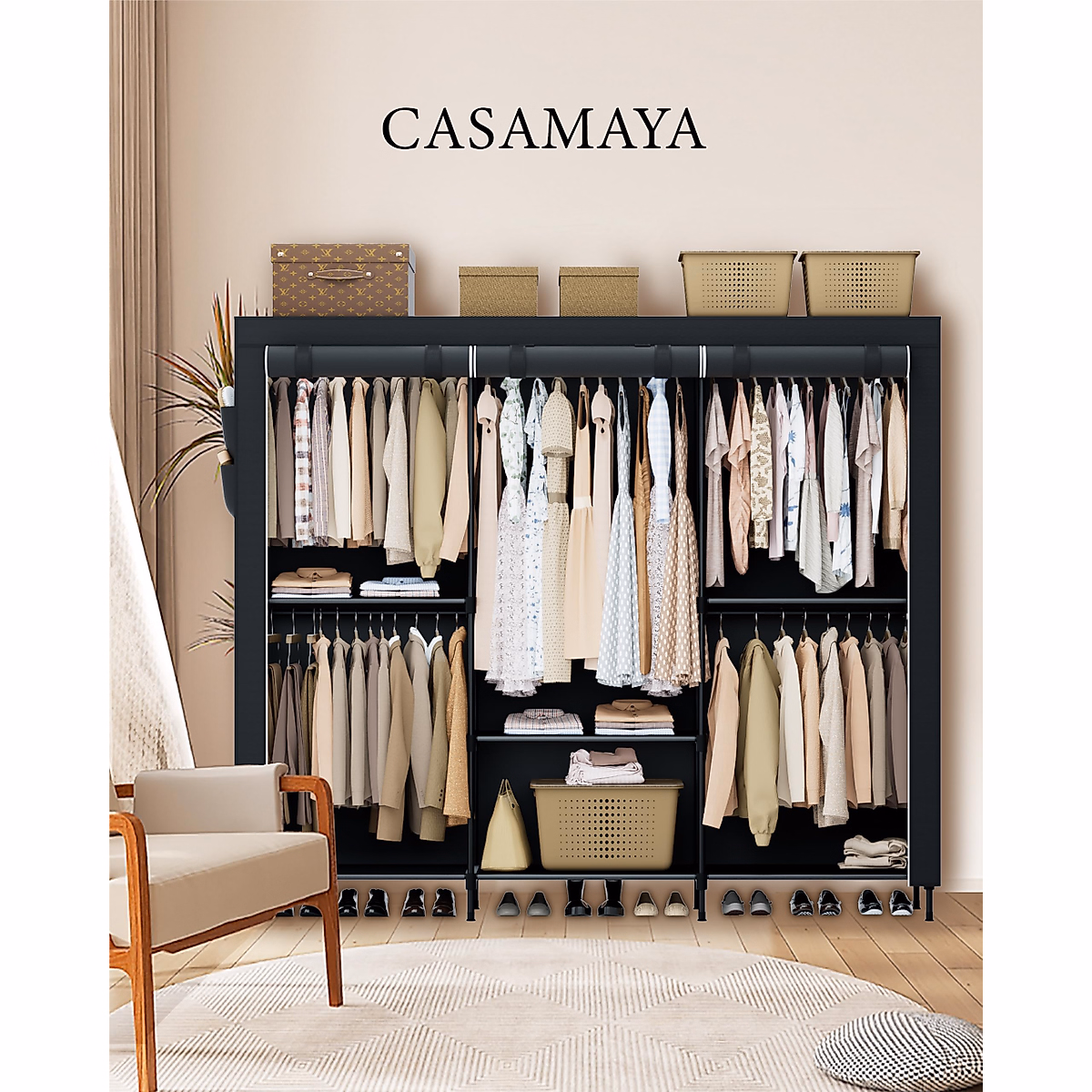 CASAMAYA Portable Closet, 81.5 Inch Extra Large Capacity Wardrobe Closet with Cover, Clothes Storage Organizer with Shelves and 5 Hanging Rods, Easy to Assembly, Black PCT136B01