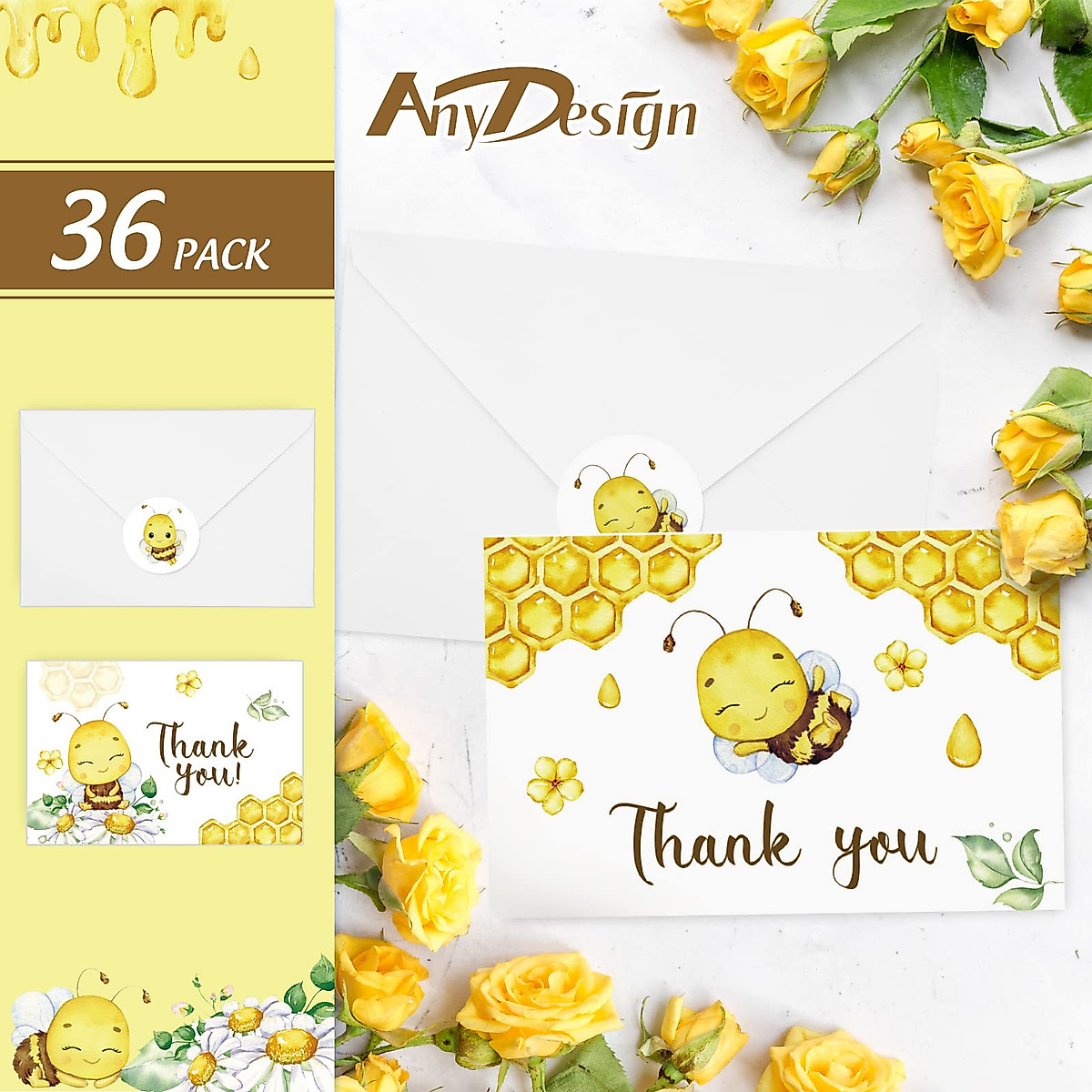 AnyDesign 36 Pack Honey Bee Thank You Cards Bulk Watercolor Bee Honeycomb Flower Thank You Note Cards with Envelopes Stickers for Summer Birthday Baby Shower Wedding Bridal Party Supplies