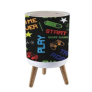 Trash Can with Lid seamless abstract in pixel game style With dice words for boys Press Cover Small Garbage Bin Round with Wooden Legs Waste Basket for Bathroom Kitchen Bedroom 7L/1.8 Gallon