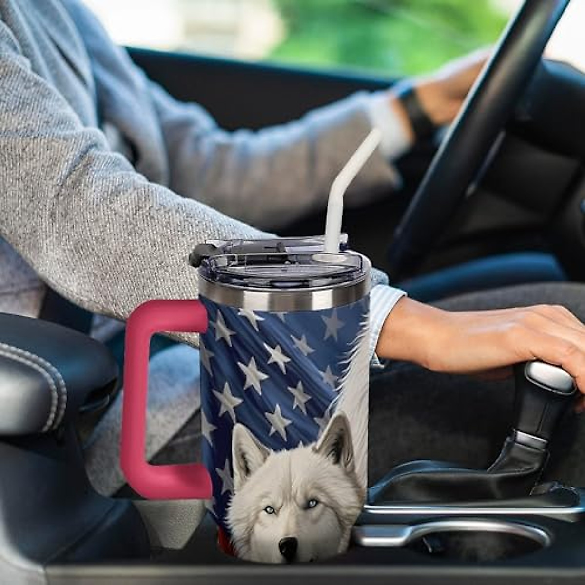 Patriotic Wolves 40 Oz Stainless Steel Cup Travel Tumbler with Handle and Straw Lightweight Coffee Mug for Home Office