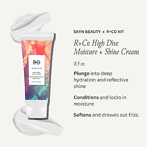 R+Co Travel Essentials | Bleu De Luxe Reparative Shampoo and Conditioner Set (1.2 Oz) + High Dive Moisture Cream (.5 Oz) + Death Valley Dry Shampoo (1 Oz) | Sayn Beauty