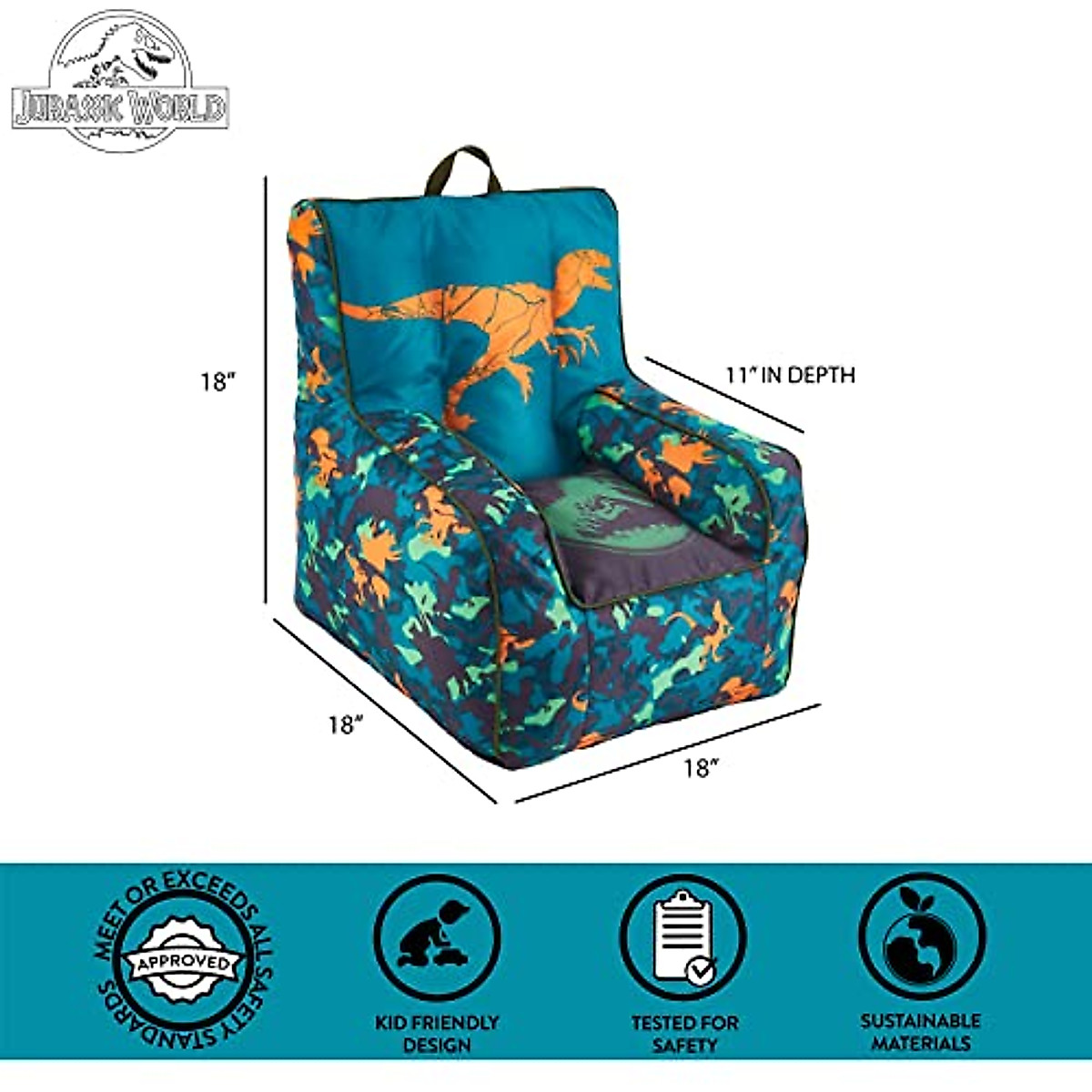 Jurassic World 2 Kids Nylon Bean Bag Chair with Piping & Top Carry Handle, Blue, 18" H x 18" W