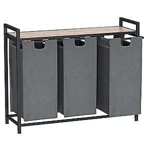 AMHANCIBLE Laundry Hamper with 3 Section, Laundry Basket with 3 Pull-Out and Removable Bags, Laundry Sorter with Shelf, Dirty Clothes Hamper for Laundry Room, Bathroom, 3 x 10 Gallons (38L) HLS03GY