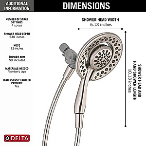 Delta D75486CSN In2ition 1.75 GPM 2-in-1 Multi Function Shower Head and Hand Shower with 60" Hose - Limited Lifetime Warranty Spotshield Brushed Nickel