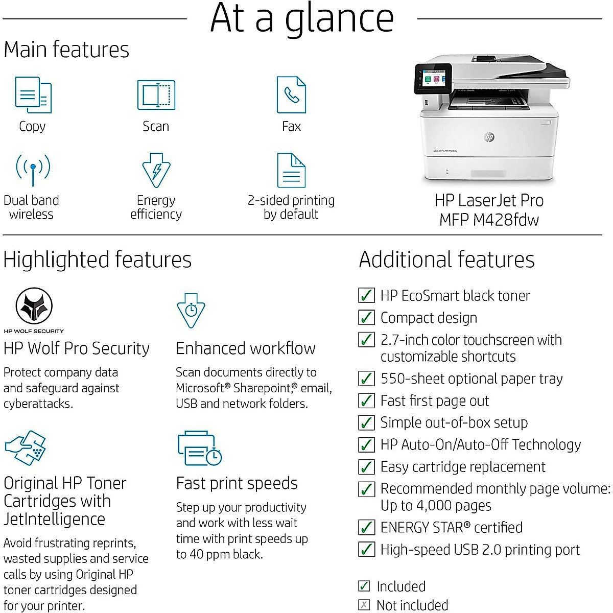 HP Laserjet Pro MFP M428fdw All-in-One Wireless Monochrome Laser Printer for Home Business Office, White - Print Scan Copy Fax - 40 ppm, 50-Sheet ADF, 1200 x 1200 dpi, Auto Duplex Printing, Ethernet