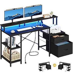 Yoobure Computer Desk, Gaming Desk with LED Lights & Outlets, 59" Office Desk with Drawers Long Home Office Desks with Fabric File Cabinets, Work Desk with Storage Shelves & Monitor Stand for Bedroom
