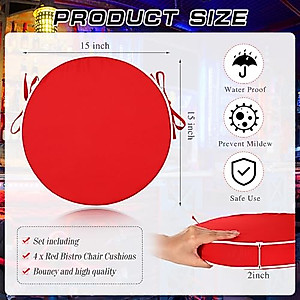 Kigley 4 Pcs 15 Inch Outdoor Round Bistro Chair Cushions Patio Bistro Round Foam Seat Cushion Round Chair Cushions with White Edge and Tie for Patio Bistro Garden (Red)