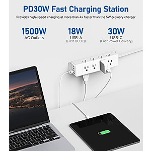 30W USB C Power Strip Surge Protector,Ultra Thin Flat Plug Power Strip 4 Side 12 Outlets,PD Fast Charing,2 USB-C, 2 USB-A(4 USB Total 40W),6ft Slim Extension Cord,16 in 1 Desk Power Bar,1200J White