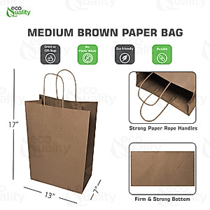EcoQuality - 13x7x17 inches - 100pcs - Large Brown Kraft Paper Bags with Handles, Shopping, Gift Bags, Party, Merchandise, Lunch Bags, Grocery Bags