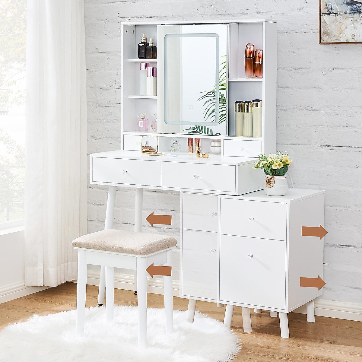 BEWISHOME Vanity Desk, White Vanity with Charging Station & Nightstand, Makeup Desk Makeup Vanity with Lights with 3 Colors Modes, Makeup Table Vanity Table with Sliding Mirror Dressing Table FST19W