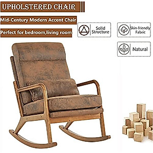 pazezog Rocking Chair,High Back Mid-Century Modern Accent Chair,Nursery Rocking Chair with Wooden Armrest,Upholstered Glider Rocker with Lumbar Pillow for Living Room