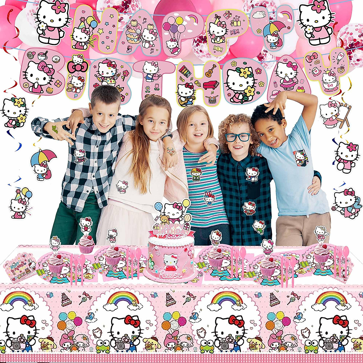 Kawaii Birthday Party Supplies, Kawaii Birthday Party Decorations Set Include Banner, Tattoos Invitation Cards, Hanging Swirls, Stickers, Tableware, Cake Toppers, Balloons, Kawaii Cute Party Favors