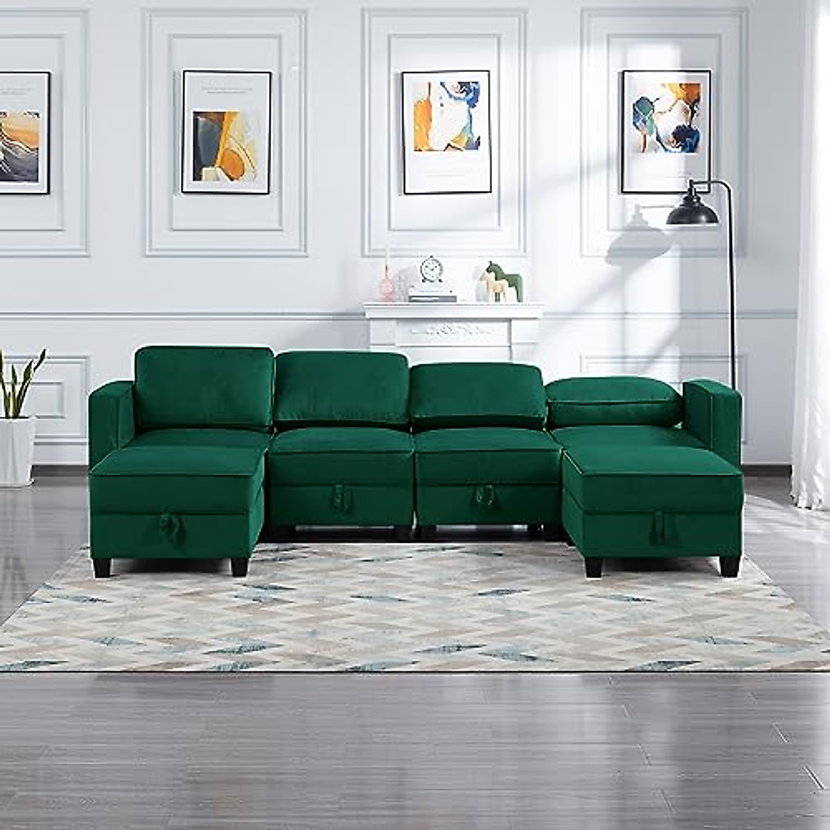Lepfun 116'' Modular Sectional, U-Shaped Velvet, Minimalist Convertible Modern 6-Seat Couch with Chaise Ottomans Living Room Sofa Sets for Office Apartment (Green)