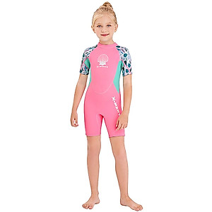 Wetsuit Kids Shorty Neoprene Thermal Diving Swimsuit 2.5MM for Girls Boys Child Teen Youth Toddler, One Piece Children Rash Guard Swimming Suit UV Protection Sunsuit for Surfing (Girl Pink, L)