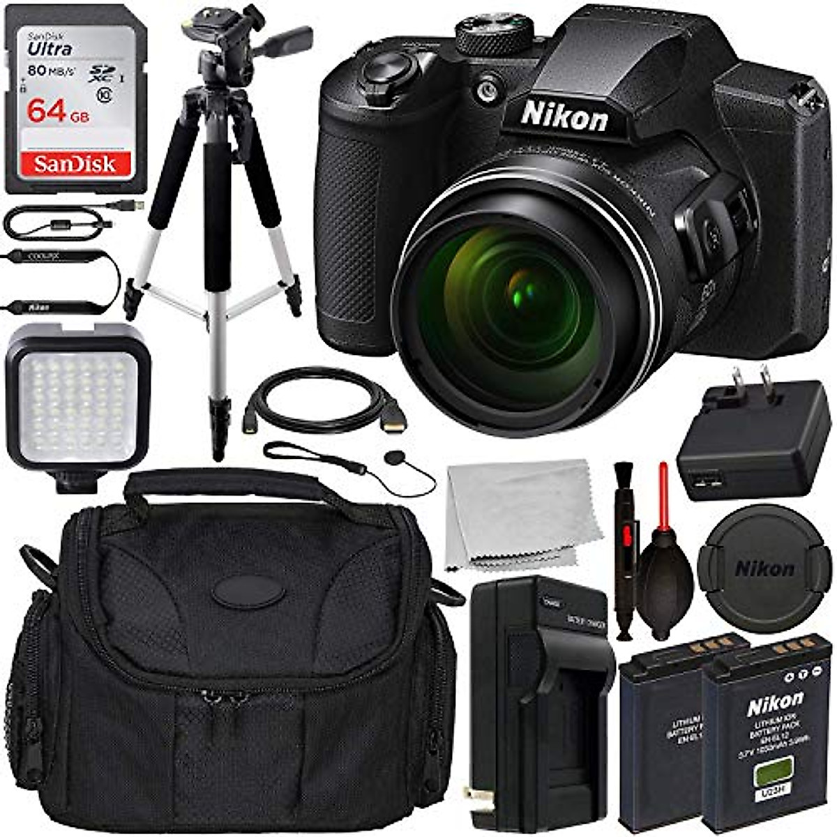 Nikon COOLPIX B600 Digital Camera (Black) with Deluxe Accessory Bundle – Includes: SanDisk Ultra 64GB SDXC Memory Card + Extended Life Replacement Battery+57” Professional Tripod+More (Renewed)