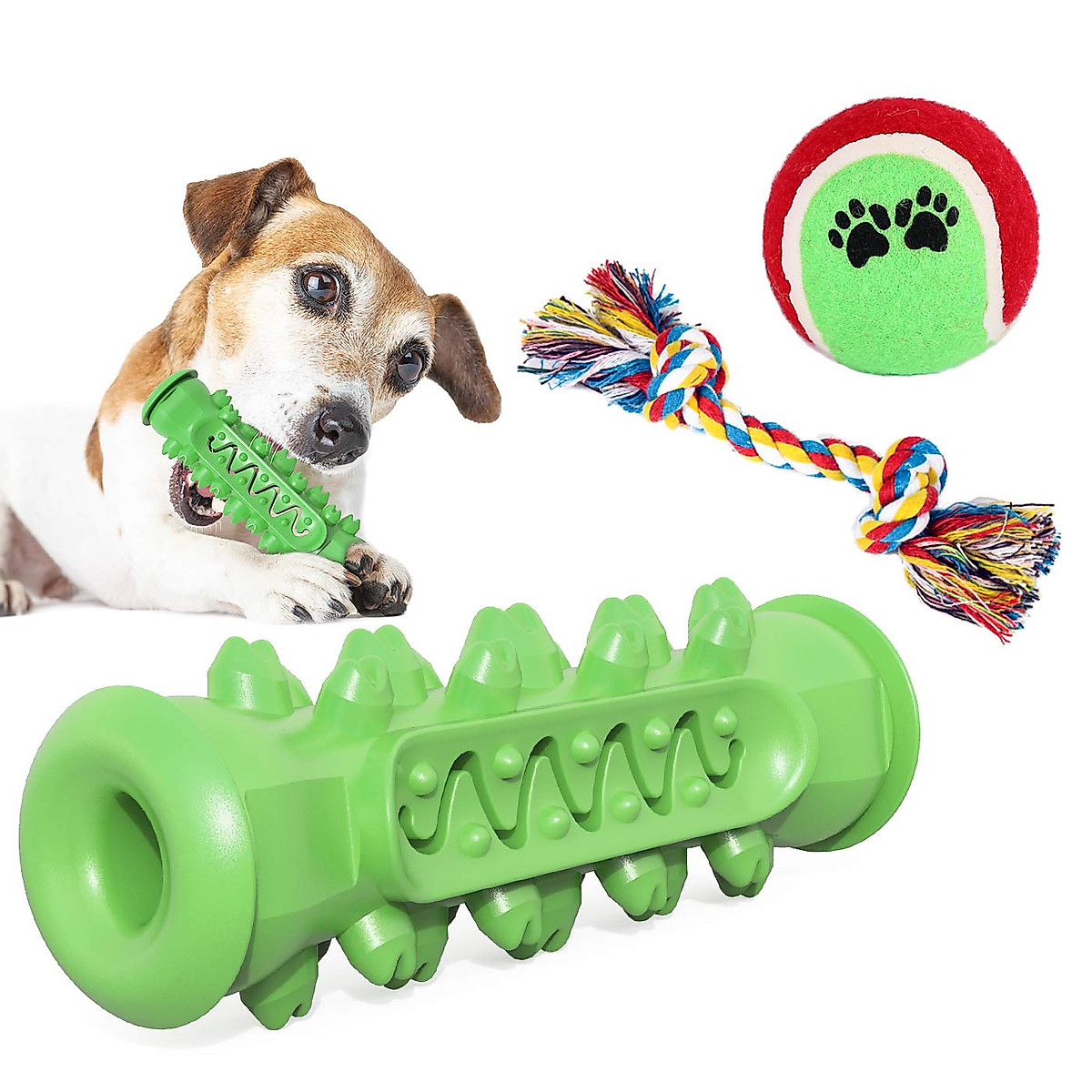 Dog Chew Toy Set for Aggressive Chewers (3 Pack) - Tooth Brushing Teething Toy - Tennis Ball - Dog Rope - Dental Care Textured Toothbrush - Interactive Chew Toy
