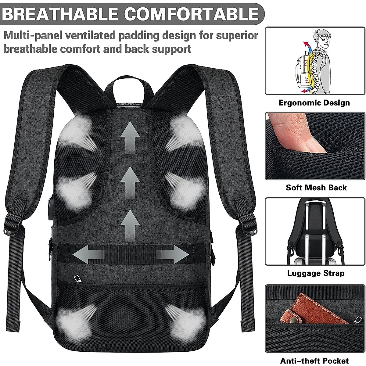 AMBOR Travel Laptop Backpack,17.3 inch Anti Theft Business Laptop Backpack with USB Charging Port and Headphone Interface , College School Backpack for Men & Women,Black