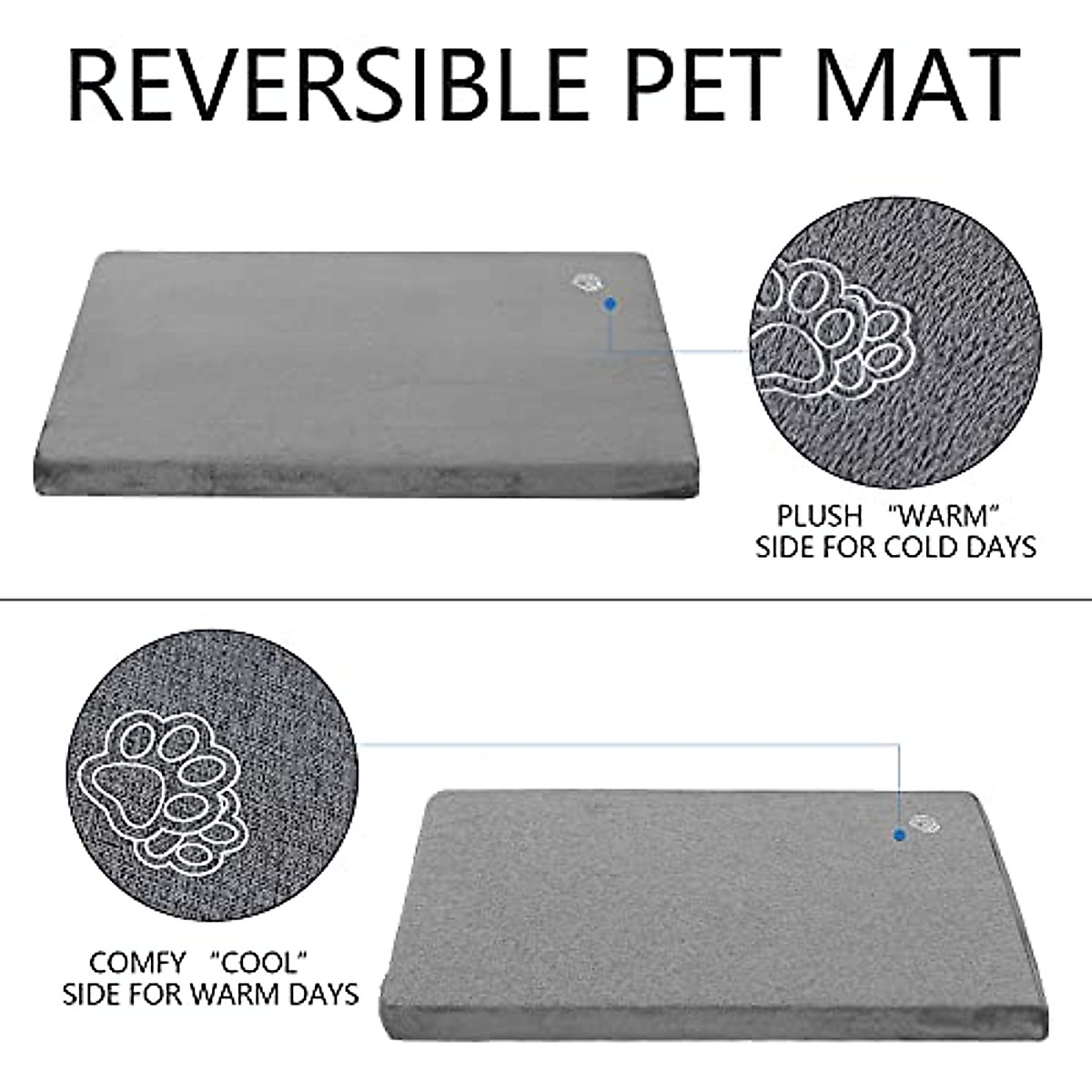 EMPSIGN Stylish Dog Bed Mat Dog Crate Pad Mattress Reversible (Cool & Warm), Water Proof Linings, Removable Machine Washable Cover, Firm Support Pet Crate Bed for Small to XX-Large Dogs, Grey