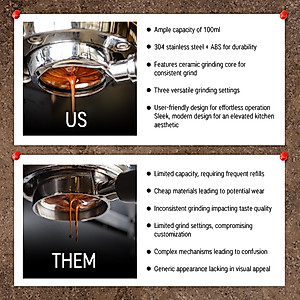 Suneville Manual Stainless Steel Coffee Grinder & Coffee Maker Accessories - Fine to Coarse Grinding Settings - Espresso Tools with Portable Hand Coffee Grinder, Golden Clipper Spoon & Black Brush