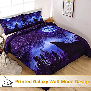 ENCOFT Wolf Comforter Set Queen Size, 3 Piece Vivid Blue Night Sky Howling Wolf Bedding Comforter Sets with 2 Pillowcases, Lightweight Soft Wild Animal Wolf Comforter Set for Kids, Boys, Teen