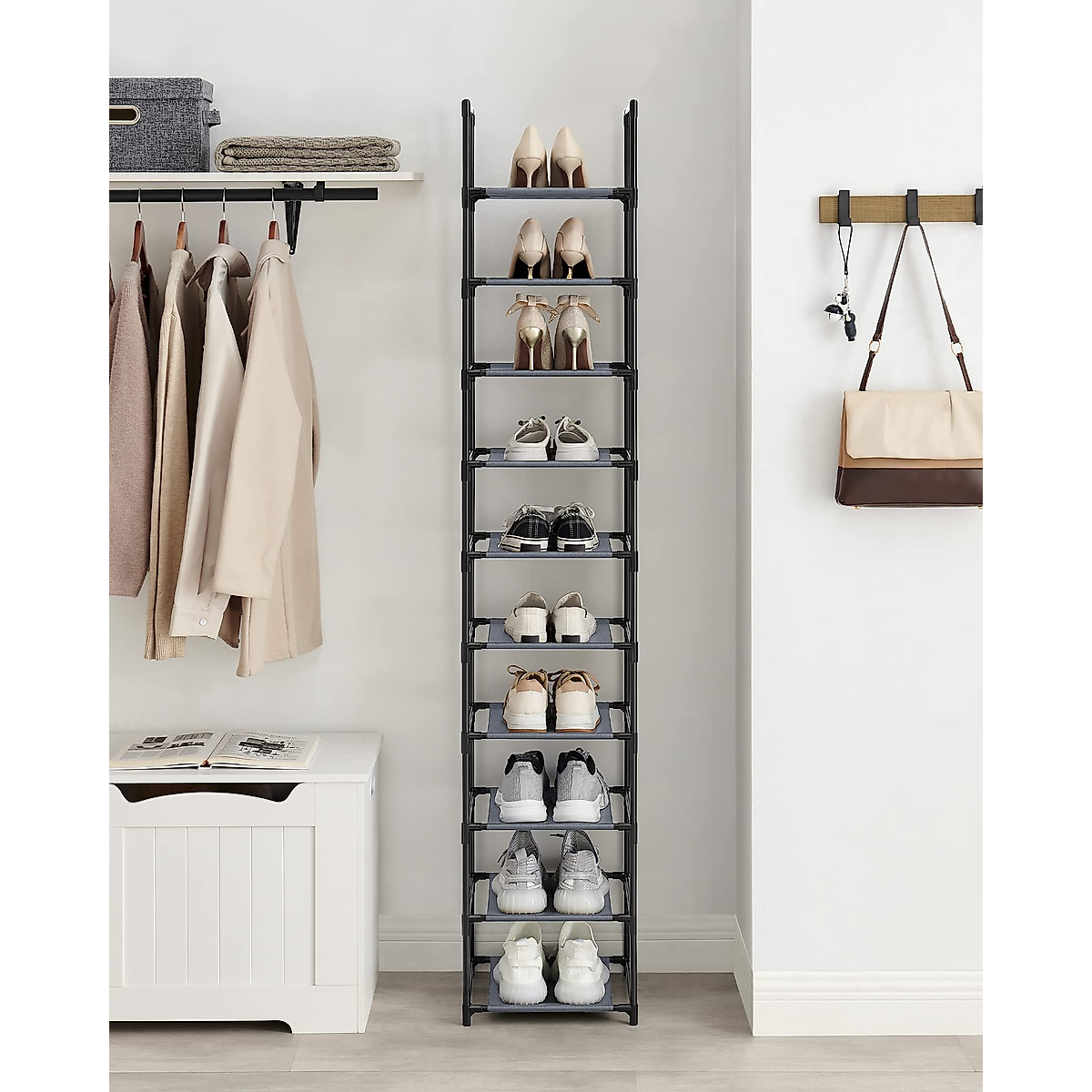 SONGMICS Shoe Rack, 10 Tier Shoe Shelf, Shoe Storage Organizer, Space-Saving, 13 x 13 x 68.1 Inches, Metal Frame, Non-Woven Fabric Shelves, for Entryway, Bedroom, Grey ULSR110G01
