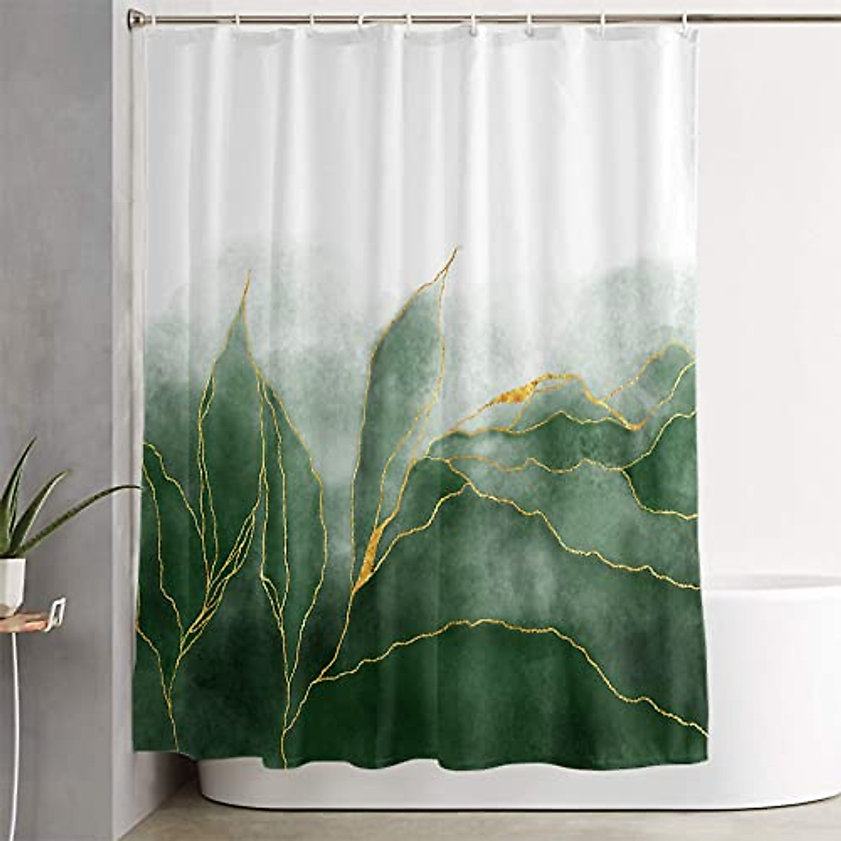 LOKMU 4 Pcs Shower Curtain Sets with Non-Slip Rugs, Toilet Lid Cover and Bath Mat,Green Paint and Golden Shiny Veins Spilled Waterproof Shower Curtain with 12 Hooks, Bathroom Decor Sets, 72"x 72"