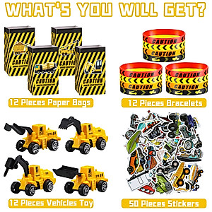 Construction Theme Party Favors Birthday Supplies Goodie Favor Bags Waterproof Truck Car Sticker Mini Engineering Car Toys Rubber Bracelets for Shower Return Present Construction Supplies (86)