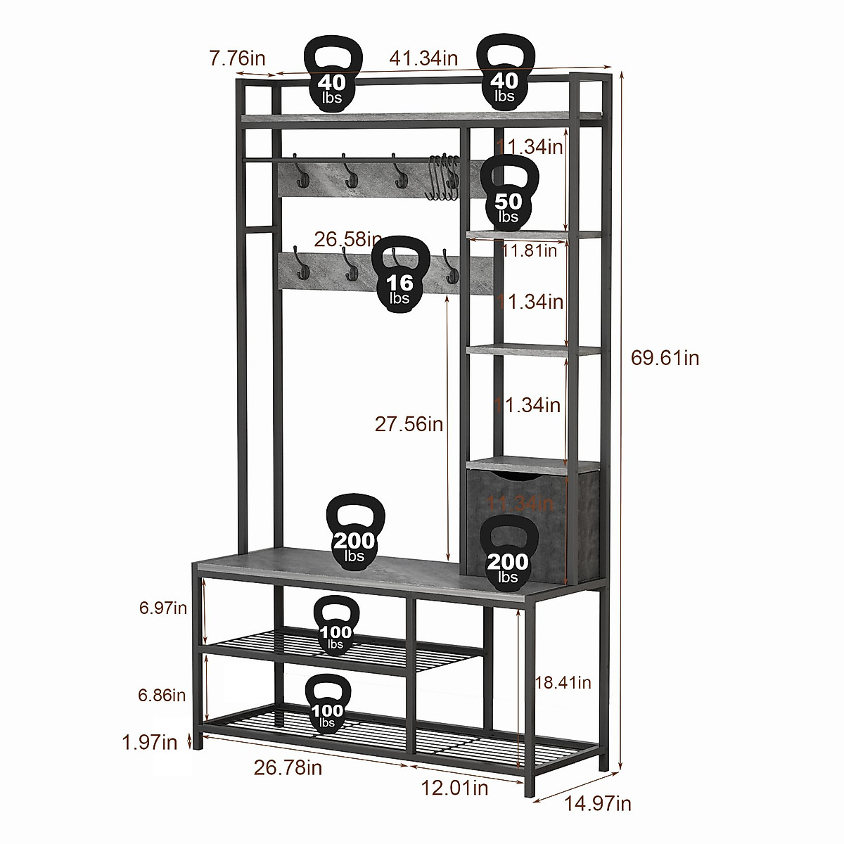 GarveeHome Hall Tree Shoe Bench With Storage, 5 In 1 Coat Rack Freestanding, Entryway Bench With Storage, Coat Rack With Shoe Storage, Hall Tree With 12 Hooks for Entryway, Hallway