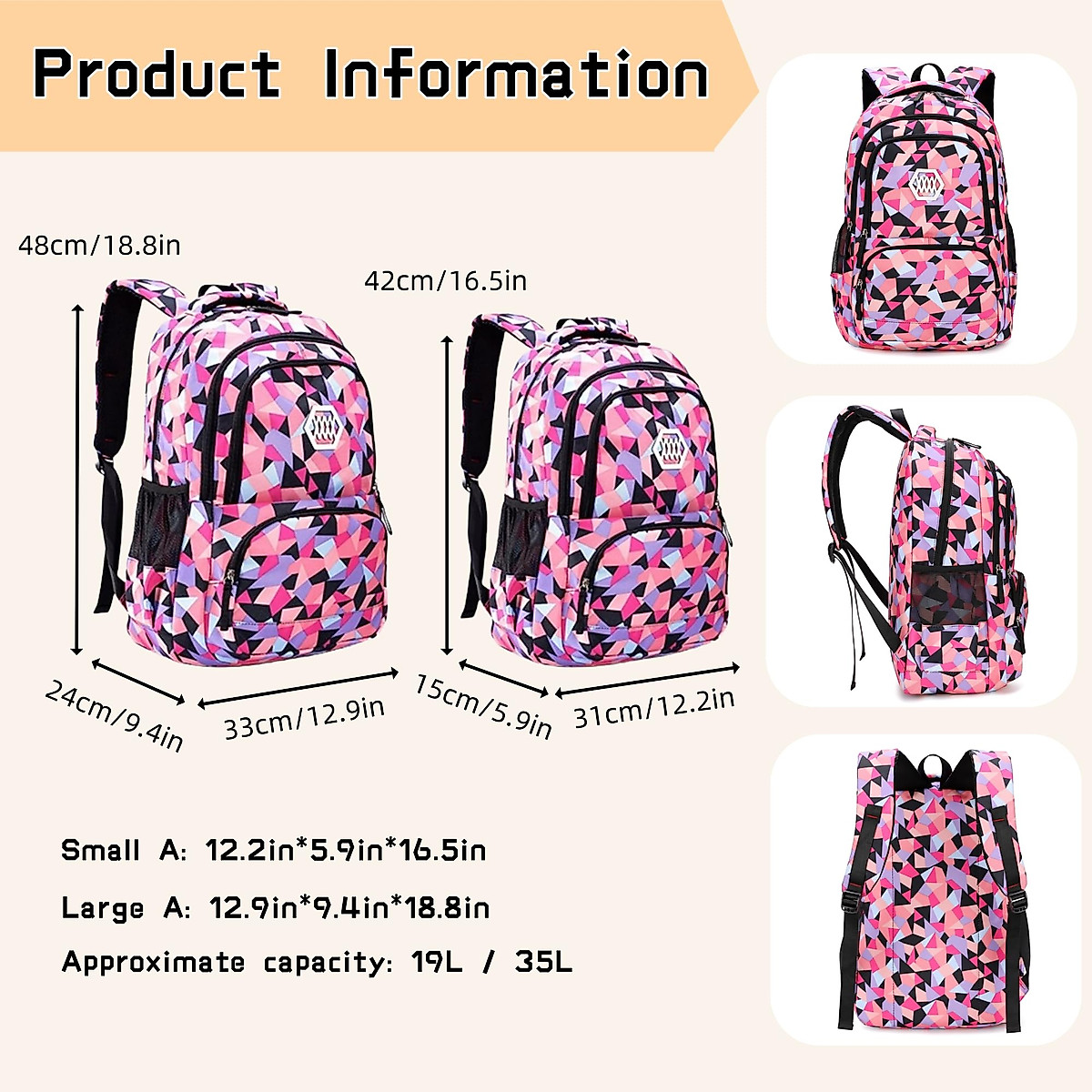 Bansusu Geometric Print Kids Backpack for Girls Boys School Bag Bookbags