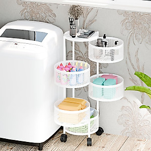 pofluany 3/4/5 Tier Rotating Storage Rack, Fruit Basket for Kitchen, Large Storage Rack with Wheels, Circular Rotating Basket, Fruit and Vegetable Metal Wire Shelf with Top Lid Four Layer