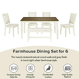 LUMISOL Rustic Solid Wood Dining Room Table Set for 6 Persons Farmhouse 6 Piece Kitchen Dining Table Set with 4 Chairs and 1 Bench Rectangular Dining Set for Living Room