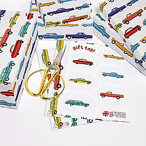 CENTRAL 23 Car Wrapping Paper For Men - 6 Sheets White Gift Wrap - Vintage Cars - For Birthday Valentines Christmas Anniversary - Comes With Fun Stickers - Recyclable